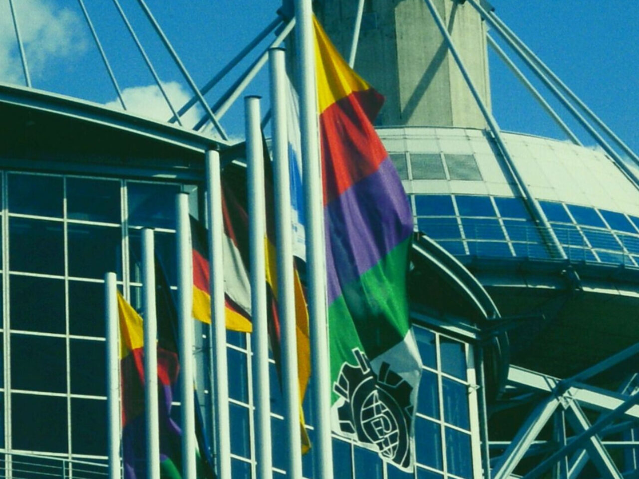 Exterior shot, showing building, EMO flag in front, EMO 2005