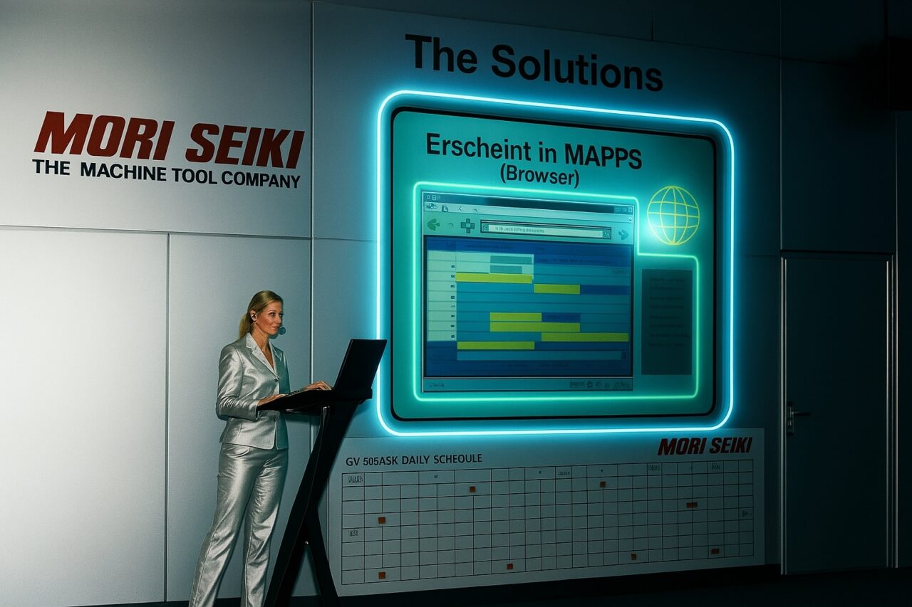Woman on a stage presenting something in front of a screen
